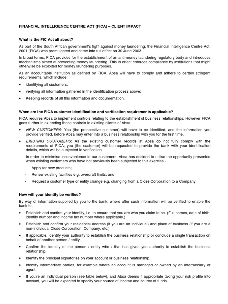 Financial Intelligence Centre Act (Fica) - Client Impact | PDF