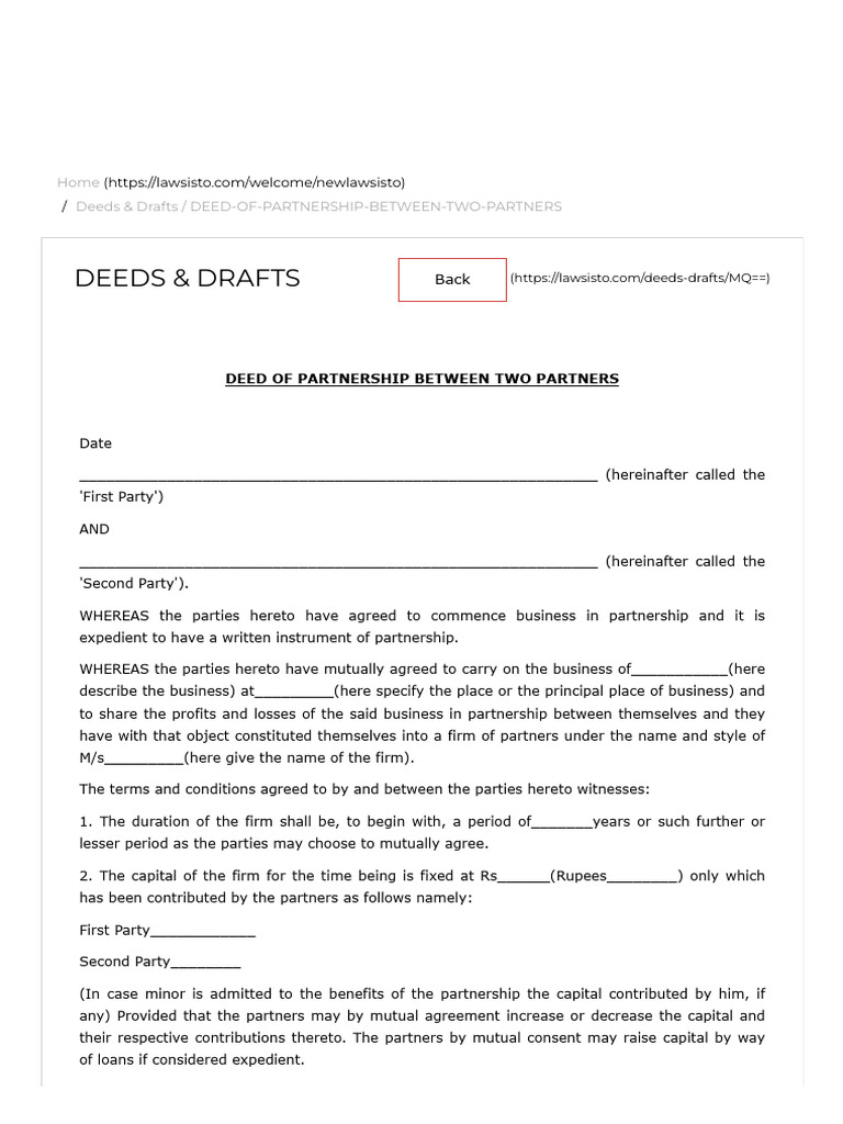 DEED OF PARTNERSHIP BETWEEN TWO PARTNERS - Deeds & Drafts | PDF