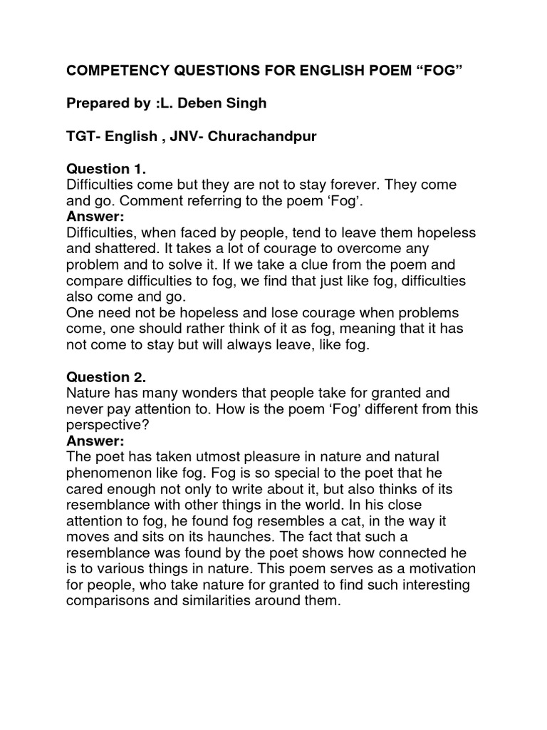 COMPETENCY QUESTIONS FOR ENGLISH POEM. Fogdocx | PDF