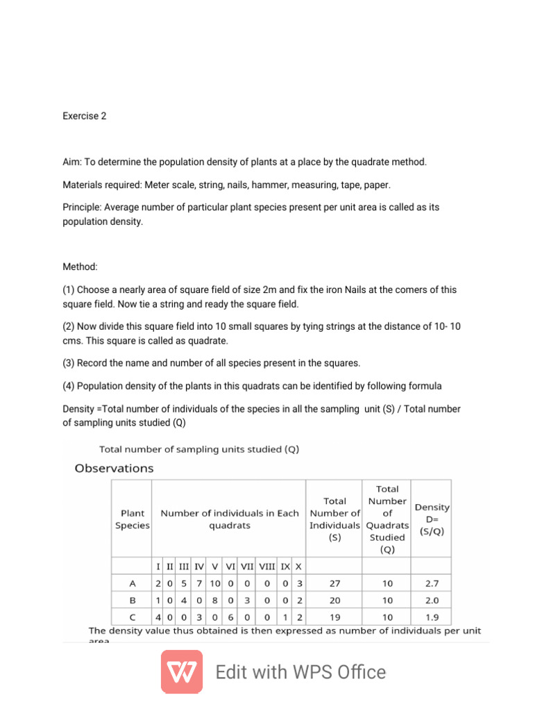 Plant Population Density by Quadrat Method | PDF