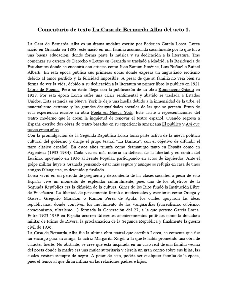 Comentario de texto La Casa de Bernarda Alba del acto 1 | PDF ...