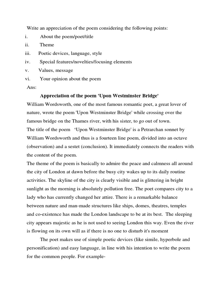 Appreciation of "Upon Westminster Bridge" | PDF | Poetry | Stanzaic Form