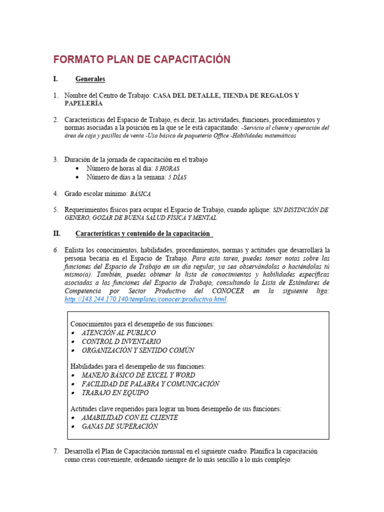 Formato Plan de Capacitación | PDF