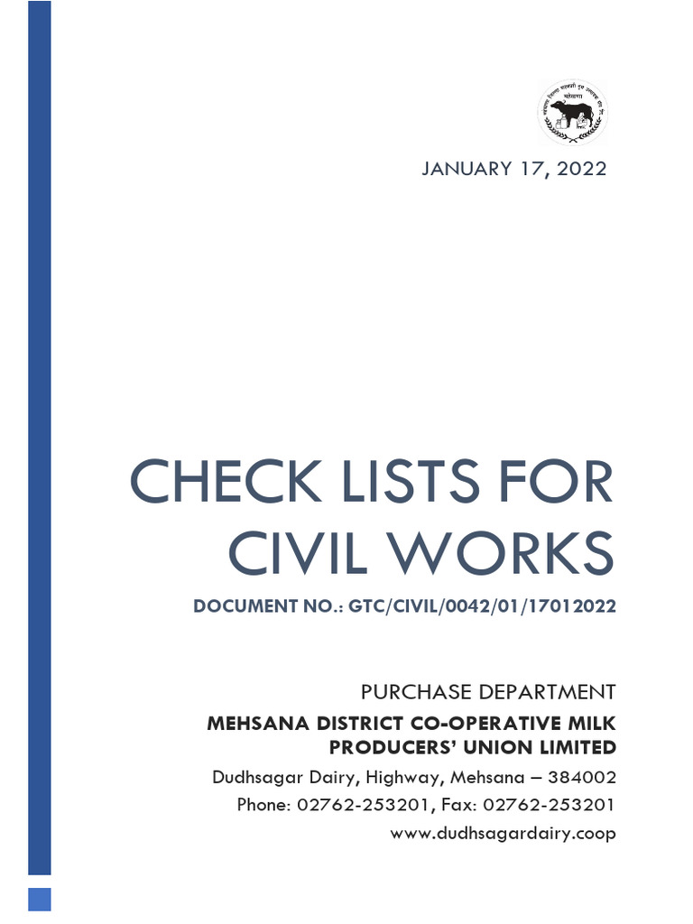 Civil Works Checklist Document | PDF | Concrete | Tile