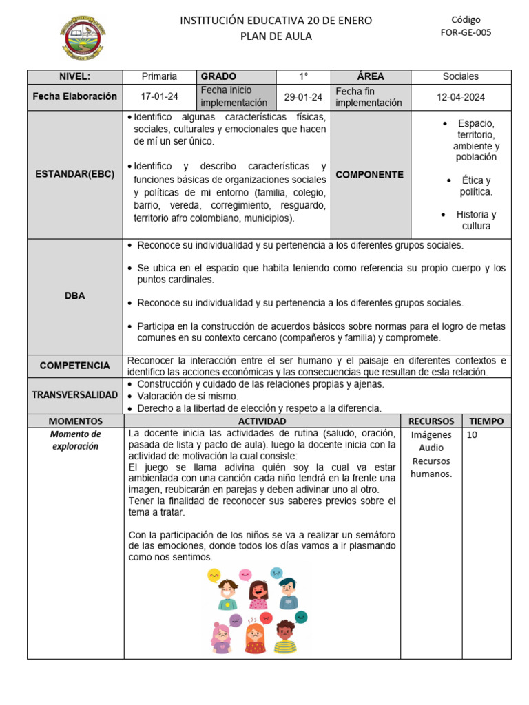 Plan de Aula: Sociales 1° Primaria 2024 | PDF | Salón de clases | Las ...