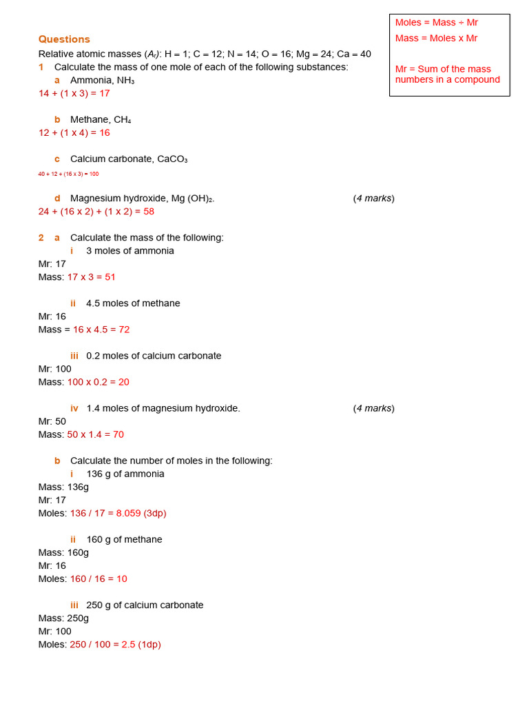 Questions: Moles Mass ÷ MR Mass Moles X MR | PDF