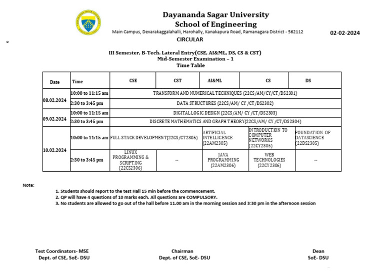 B-Tech Mid-Sem Exam Schedule | PDF | Computer Science | Information ...