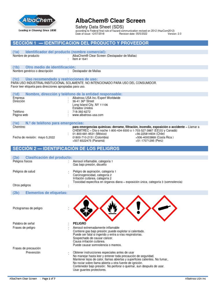 SDS-0004 Albachem Clear Screen (Destapador de Mallas) | PDF ...