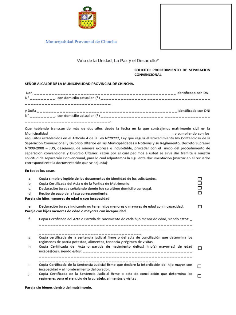 SOLICITUD DE SEPARACION CONVENCIONAL - DIVORCIO (MODELO) | PDF ...