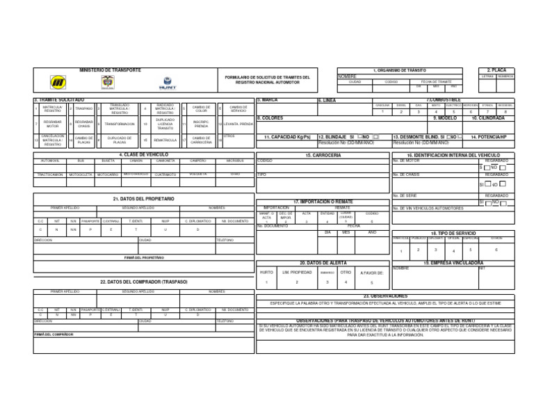Formulario-Tramites-De-Transito-Moto o Carro | PDF | Placa de matrícula ...