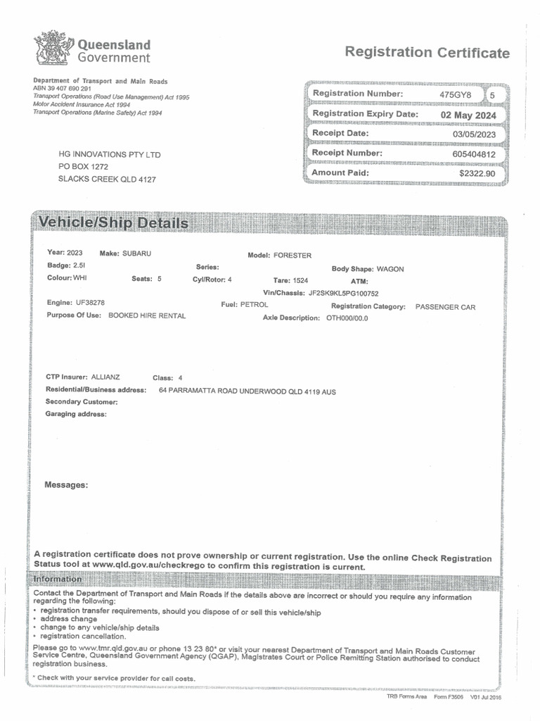 #2 - Rego Cert - Subaru Forester 2023 | PDF