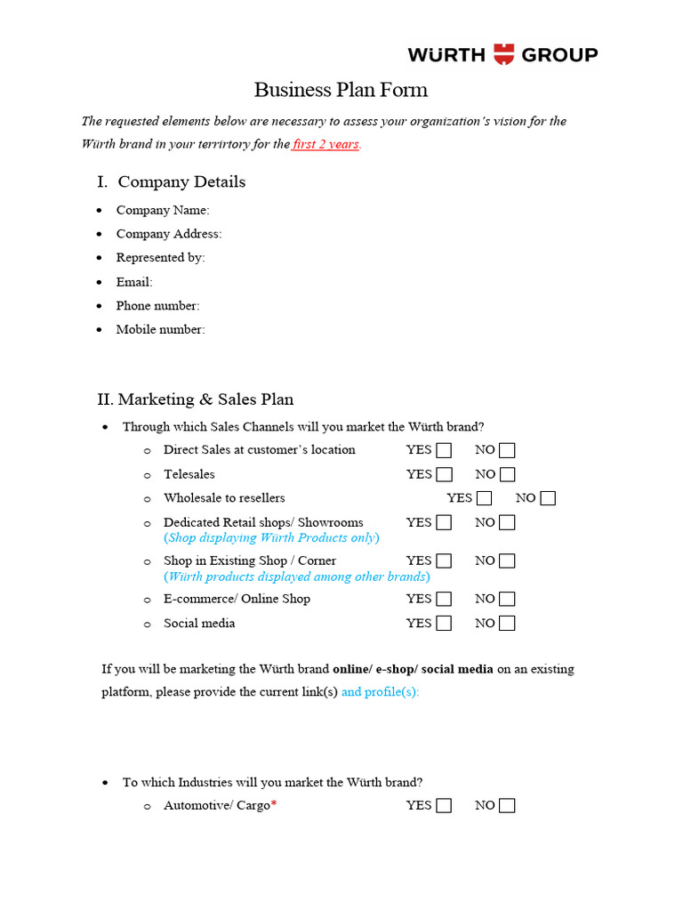 Business Plan Form - Sample | PDF | Warehouse | Retail