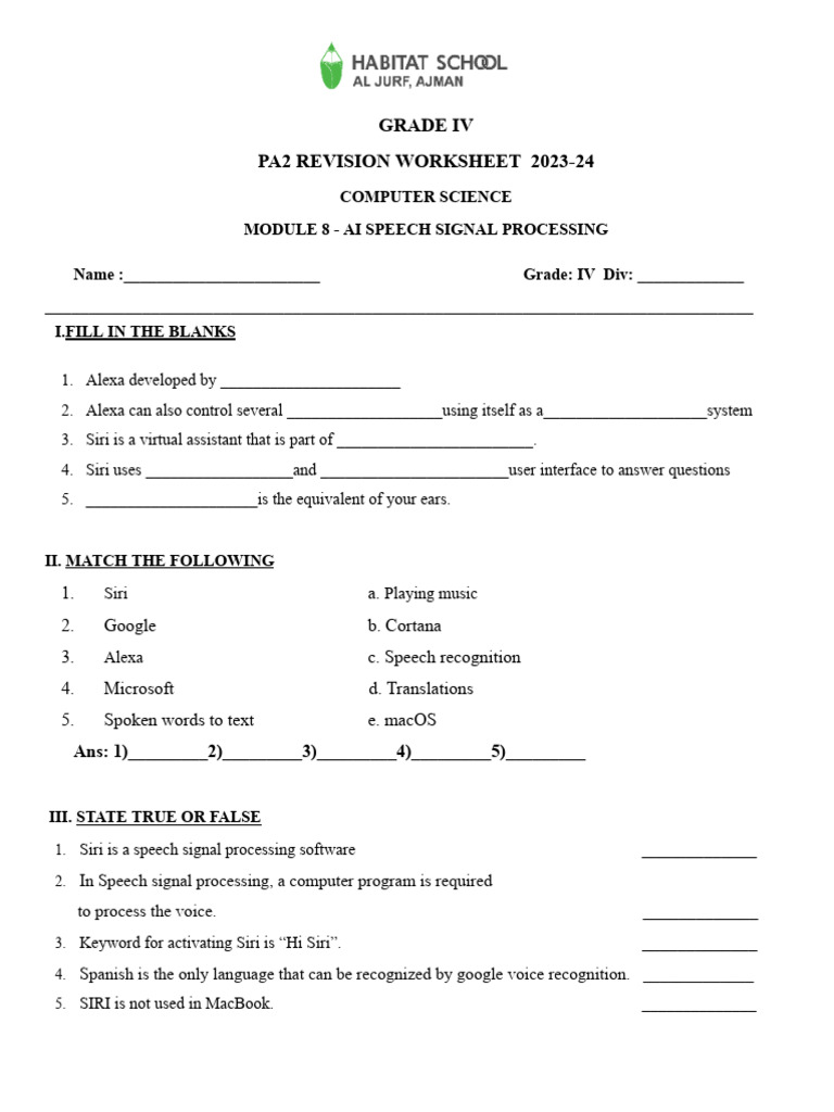 Pa2 - Revision Worksheet - 2023-24 1 | PDF | Siri | Software