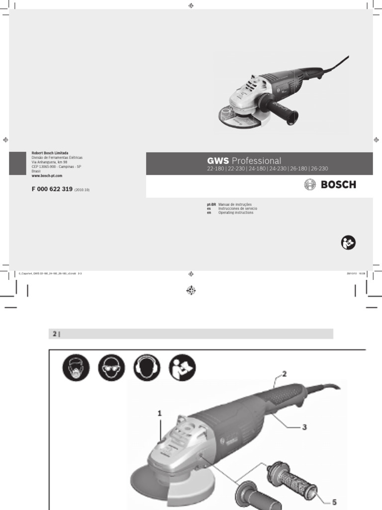 Manual Esmeril Angular 7 Bosch GWS 22180 | PDF | Decibel | Enchufes y tomas de corriente alterna