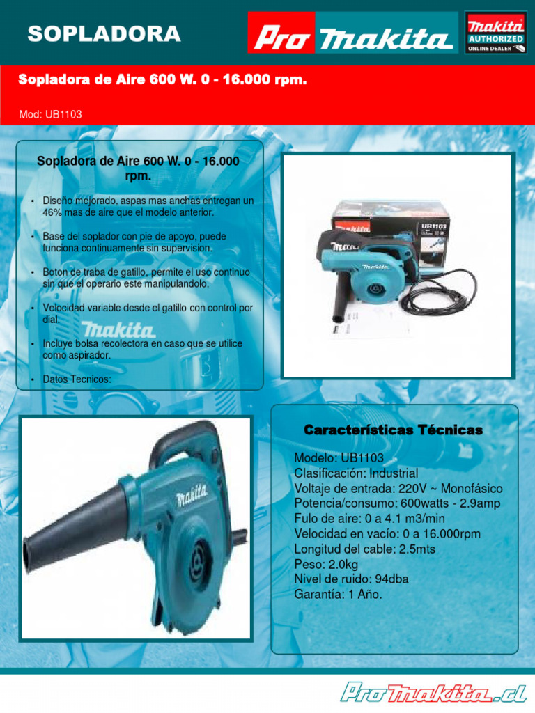 Ficha Técnica Soplador de Aire Makita Ub1103 600w | PDF