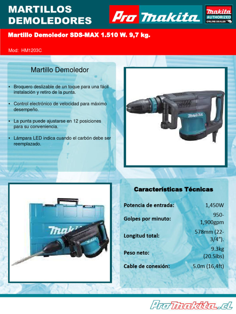 Ficha Técnica Taladro Demoledor Makita Sds-Max Hm1203c | PDF