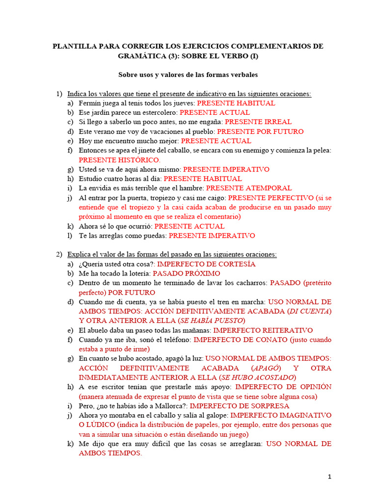 PLANTILLA PARA CORREGIR LOS EJERCICIOS COMPLEMENTARIOS DE GRAMÁTICA (3) SOBRE EL VERBO (1) | PDF ...