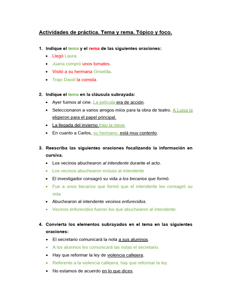 Actividades de práctica. Tema y rema. Soluciones | PDF
