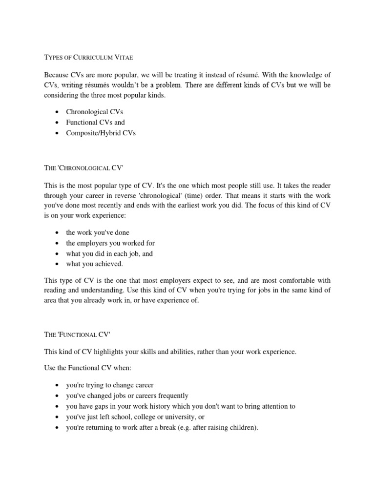 Types of Curriculum Vitae and Sample CVs | PDF | Résumé
