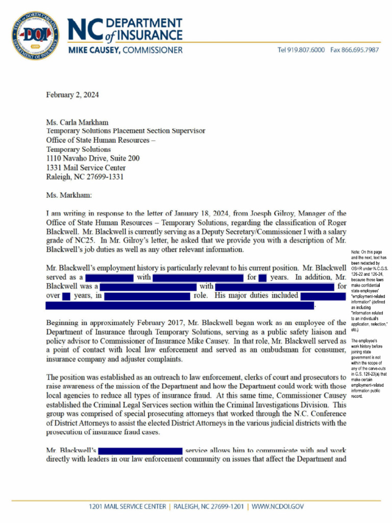 NCDOI Letter On Blackwell | PDF