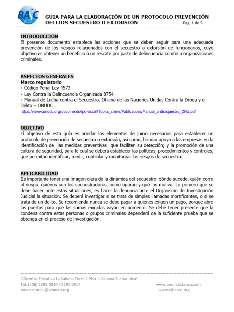 BASC - Protocolo de Prevencion de Secuestro o Extorsion | PDF | Secuestro | Extorsión