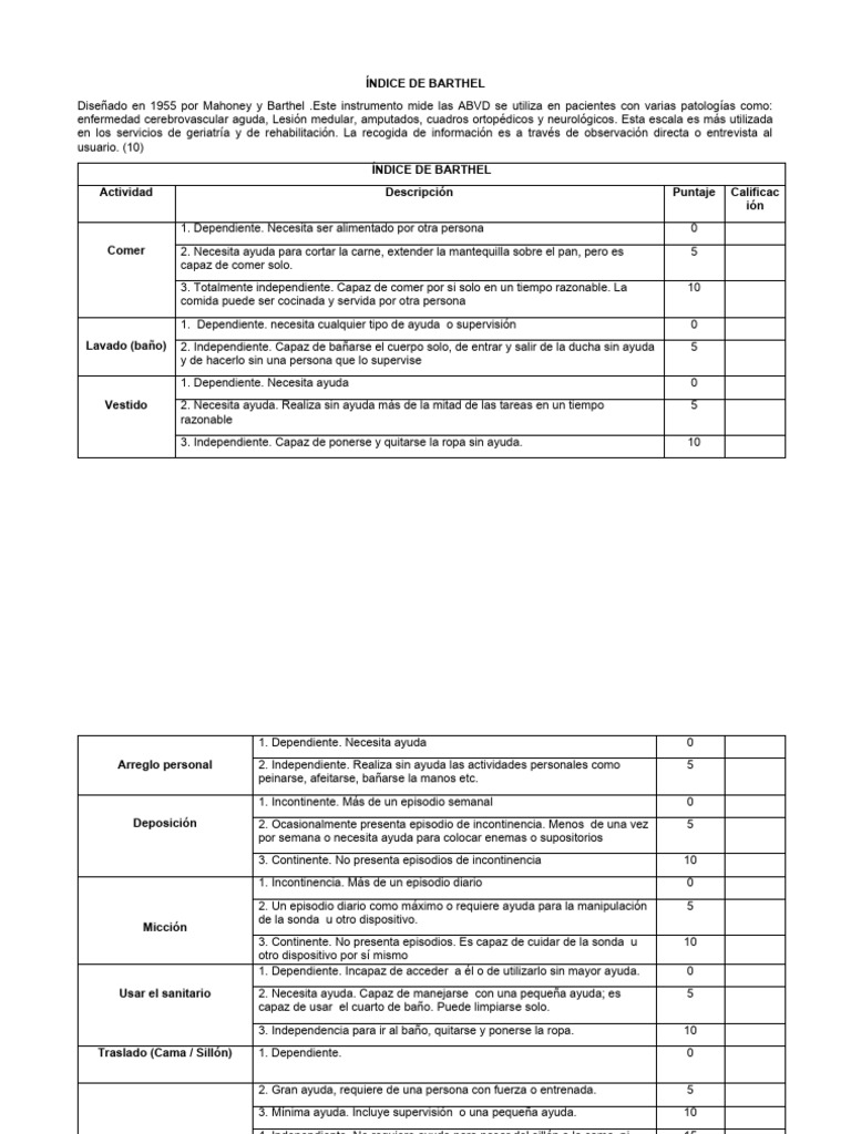 Índice de Barthel | Descargar gratis PDF | Medicina | Especialidades ...