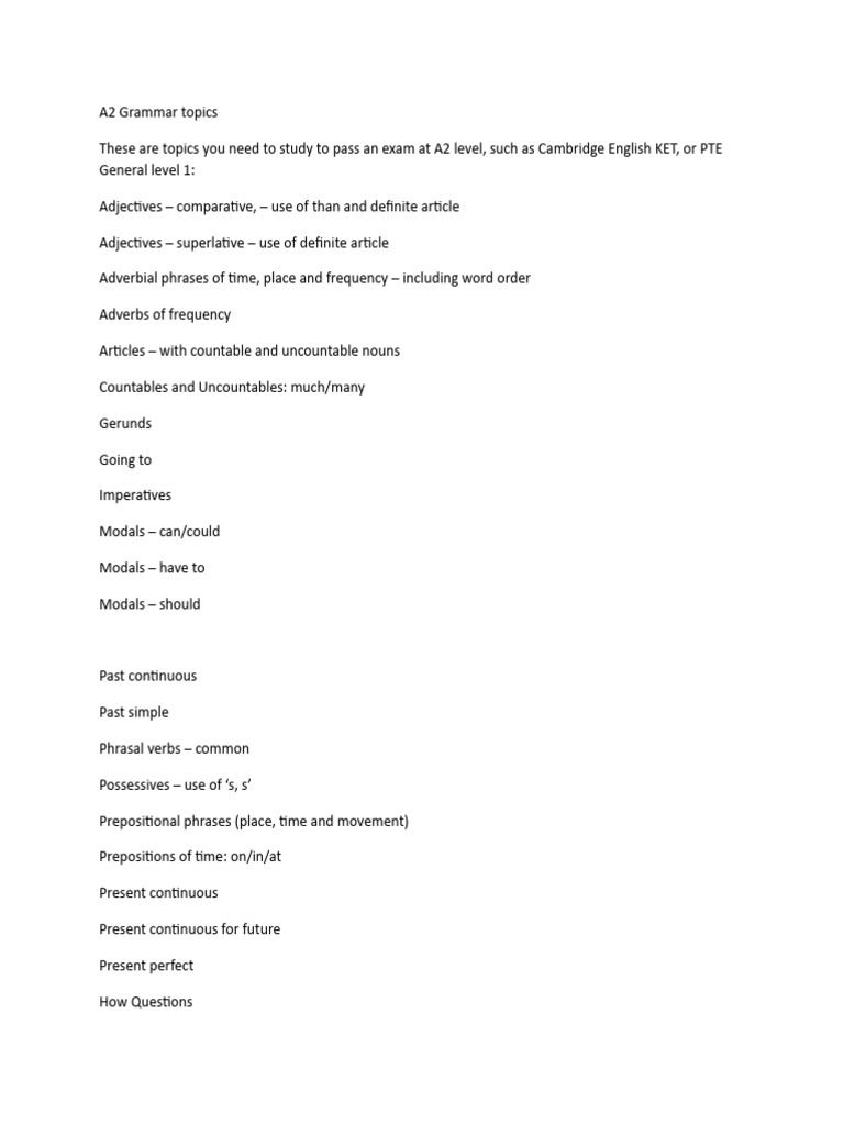 A2 Grammar Topics for Exam Prep | PDF