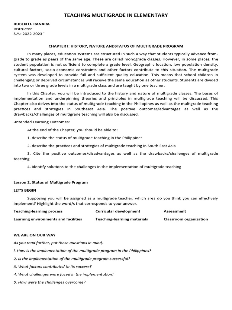 Status of Multigrade Education | PDF | Teachers | Curriculum