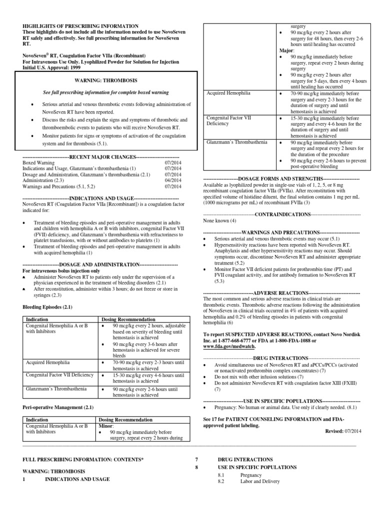 Package Insert Novosevenrt Pdf Coagulation Hemostasis