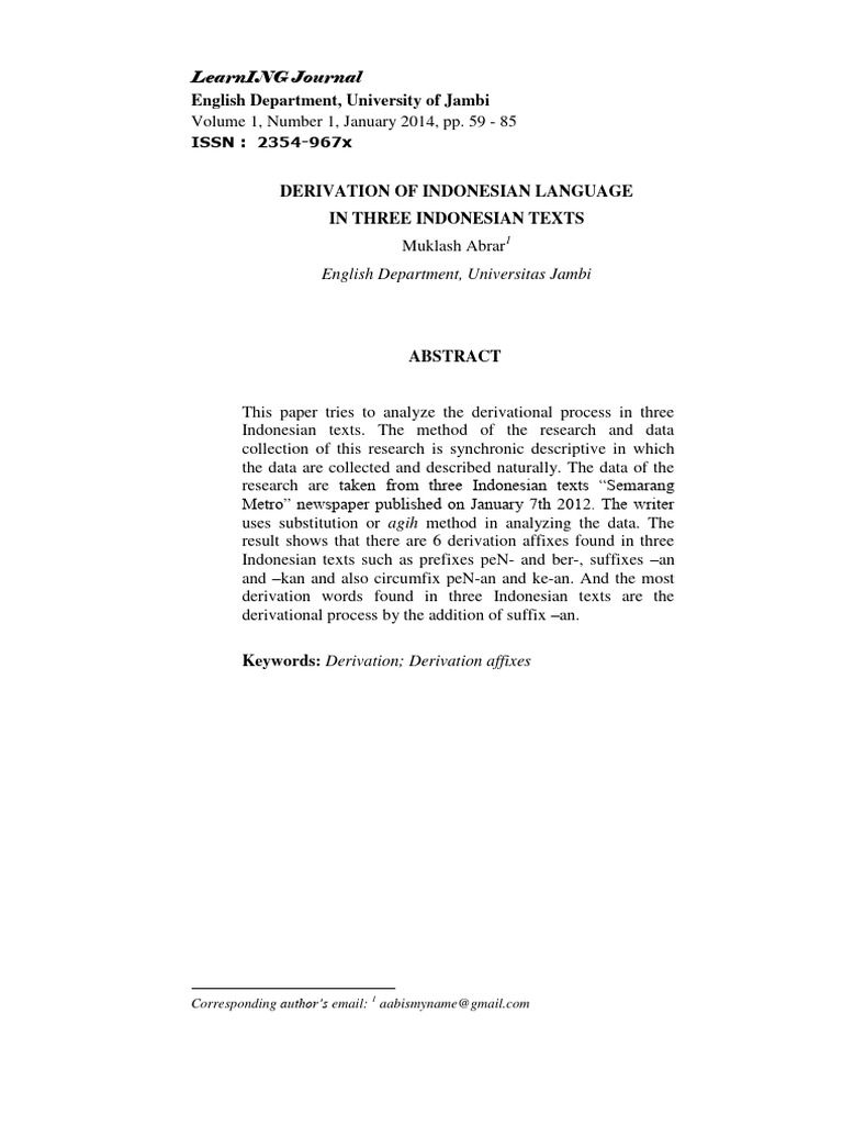 Derivation of Indonesian Language in THR | PDF | Word | Morphology ...