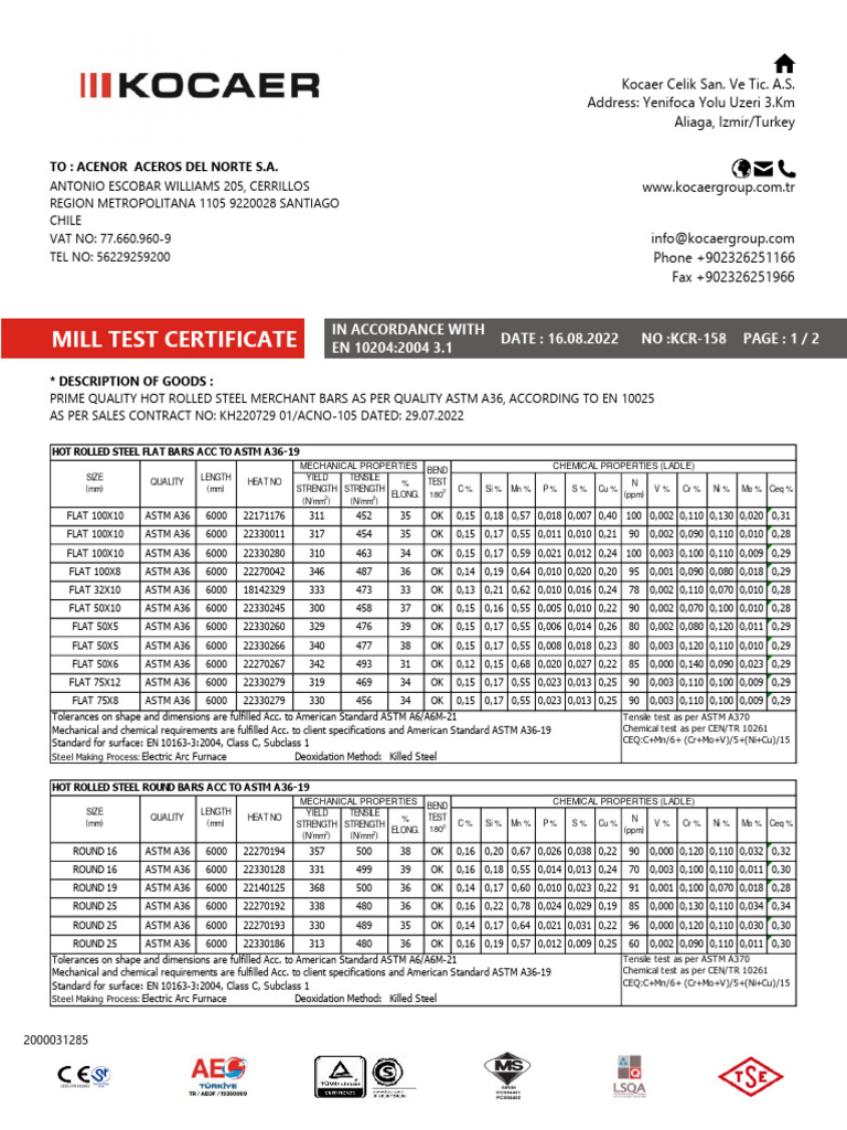 Mill Test Certificate: To: Acenor Aceros Del Norte S.A | PDF | Steel ...