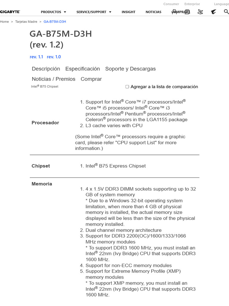 GA-B75M-D3H (Rev. 1.2) Especificación - Tarjetas Madre - GIGABYTE Latin America | PDF | Computer ...