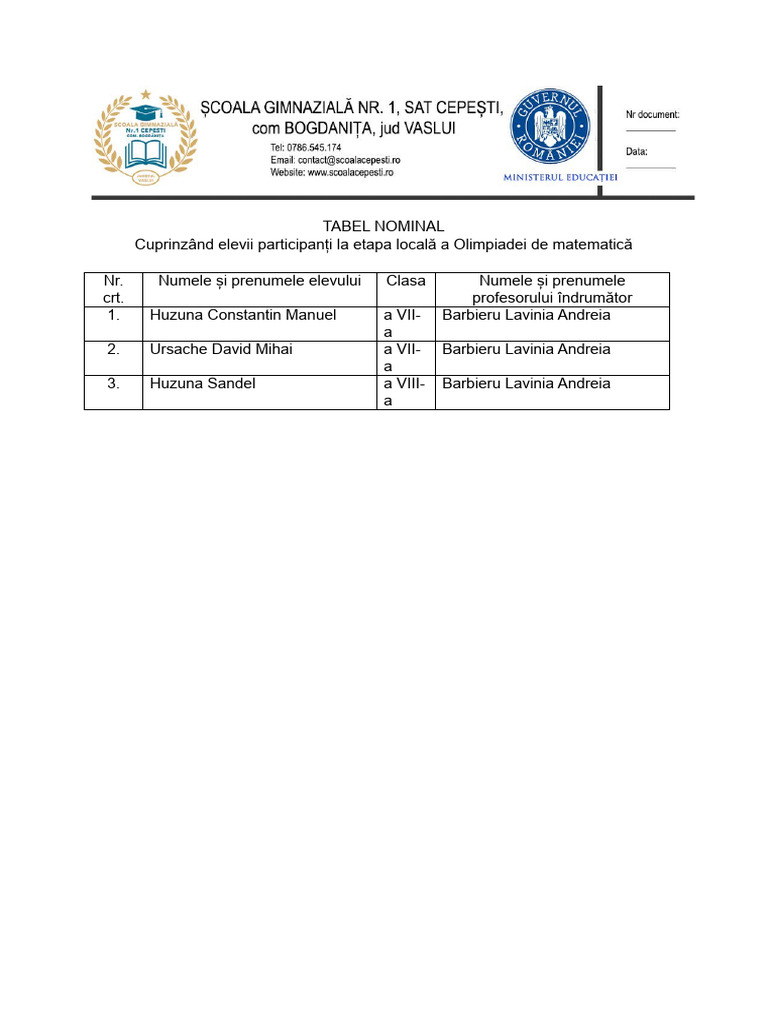 Tabel Elevi Participanti | PDF