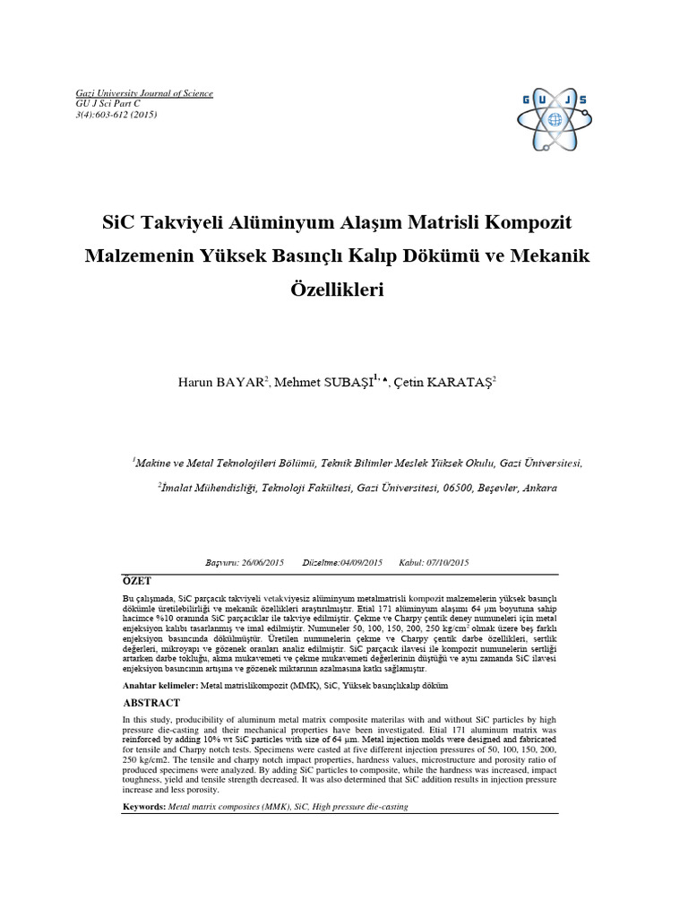 SiC Takviyeli Al - Minyum Ala - M Matrisli Kompozit Malzemenin Y - Ksek ...