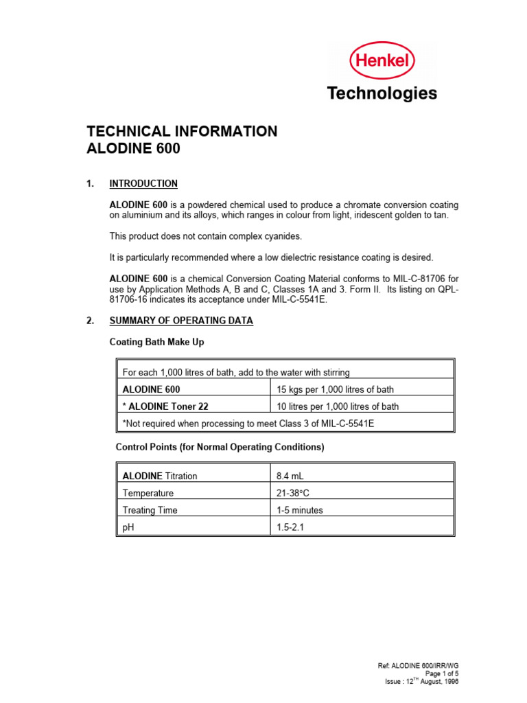 TDS - Alodine 600 (169313) | PDF | Titration | Chemistry