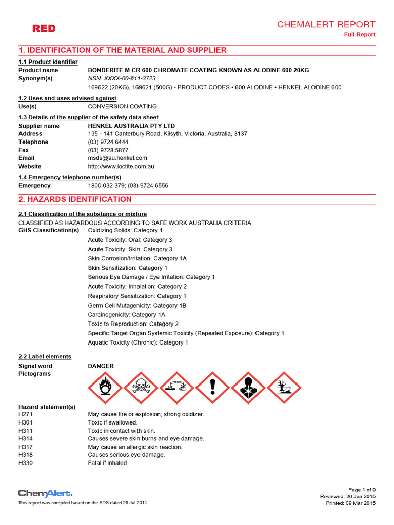 SDS Alodine 600 | Download Free PDF | Toxicity | Chromium