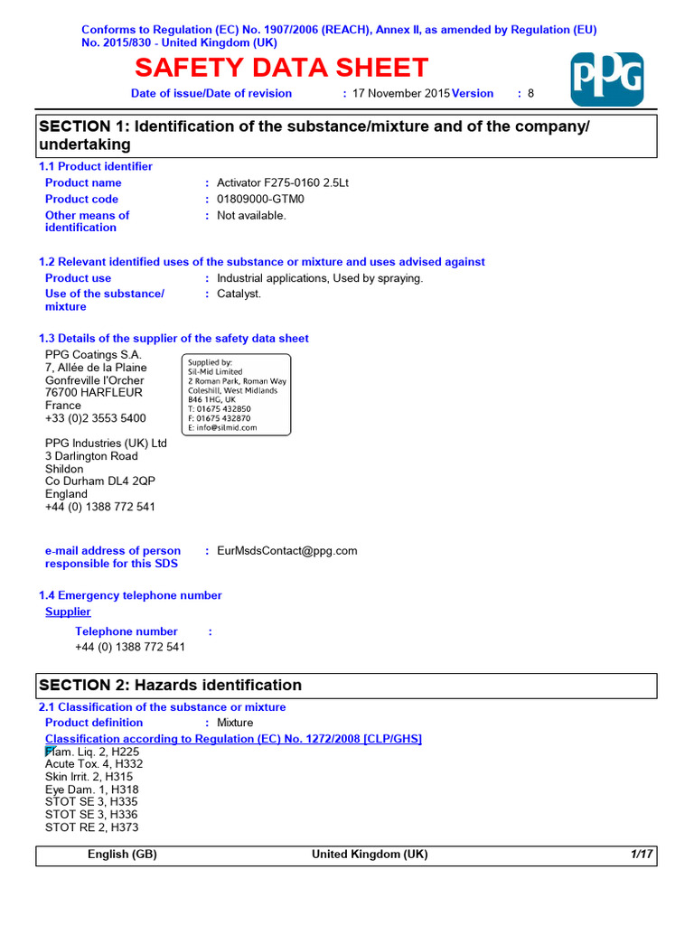 Activator F275-0160 - SDS | PDF | Occupational Safety And Health ...