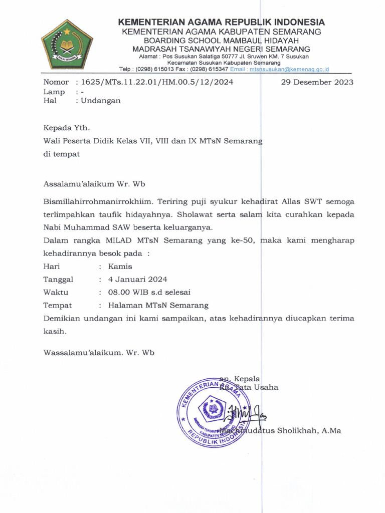 Undangan Milad MTSN Semarang | PDF