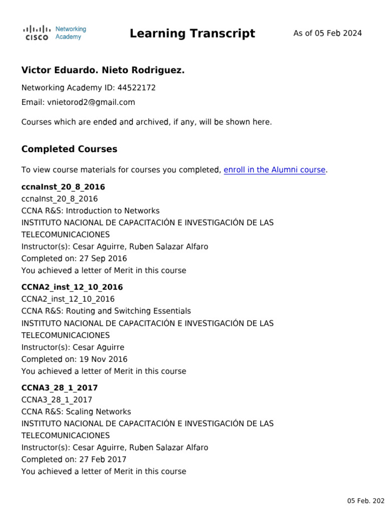 NetAcad Learning Transcript | PDF | Computer Science | Vocational Education