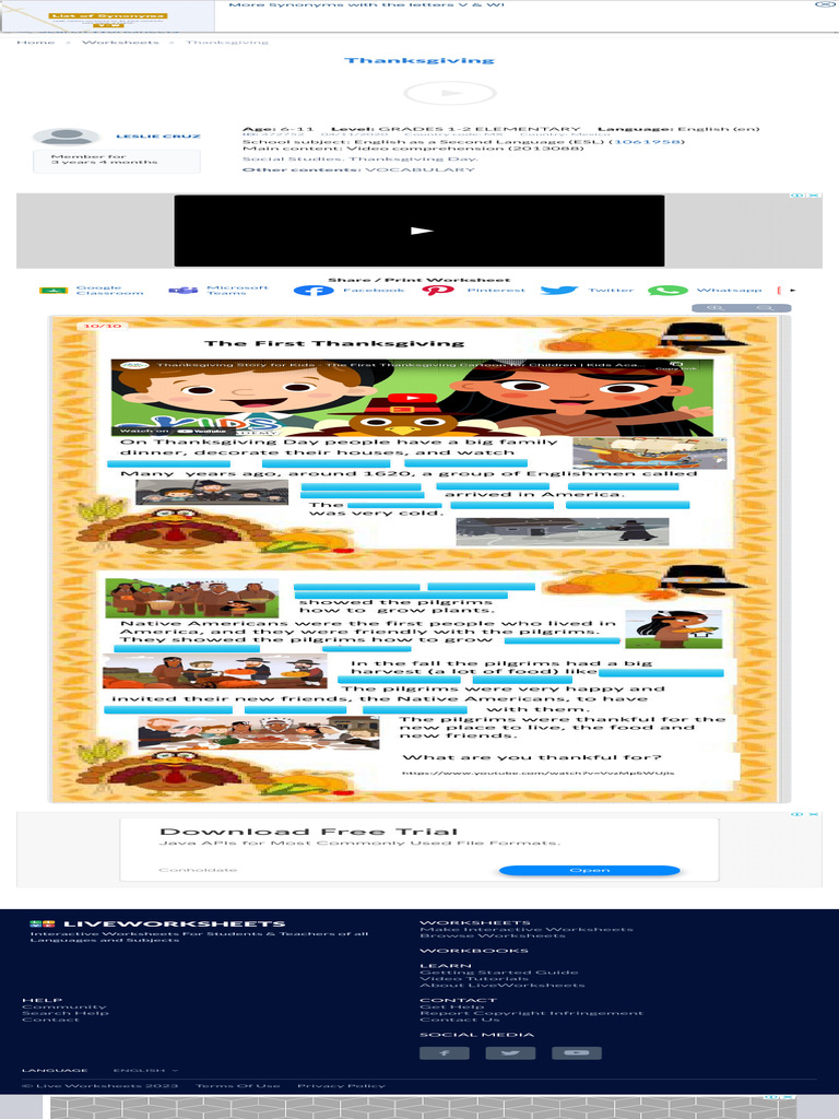 Thanksgiving Online Activity For GRADES 1-2 ELEMENTARY Live Worksheets ...