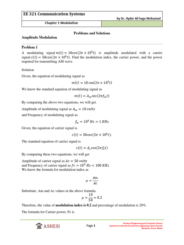 Chapter 1 - Modulation - Problems and Solutions | PDF | Frequency Modulation | Modulation