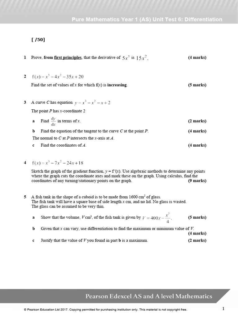 As Maths Pure Unit 6 Differentiation Jan 2022 V22 Pdf Area Derivative