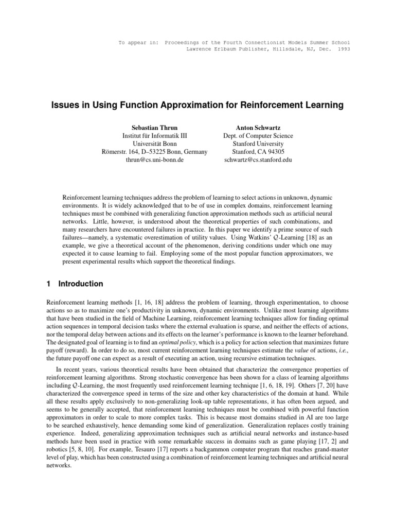 Issues In Using Function Approximation For Reinforcement Learning Pdf Applied Mathematics