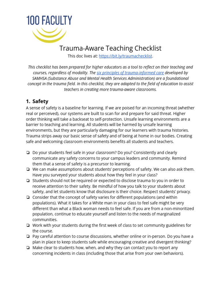 Trauma Aware Teaching Checklist | PDF | Learning | Psychological Trauma