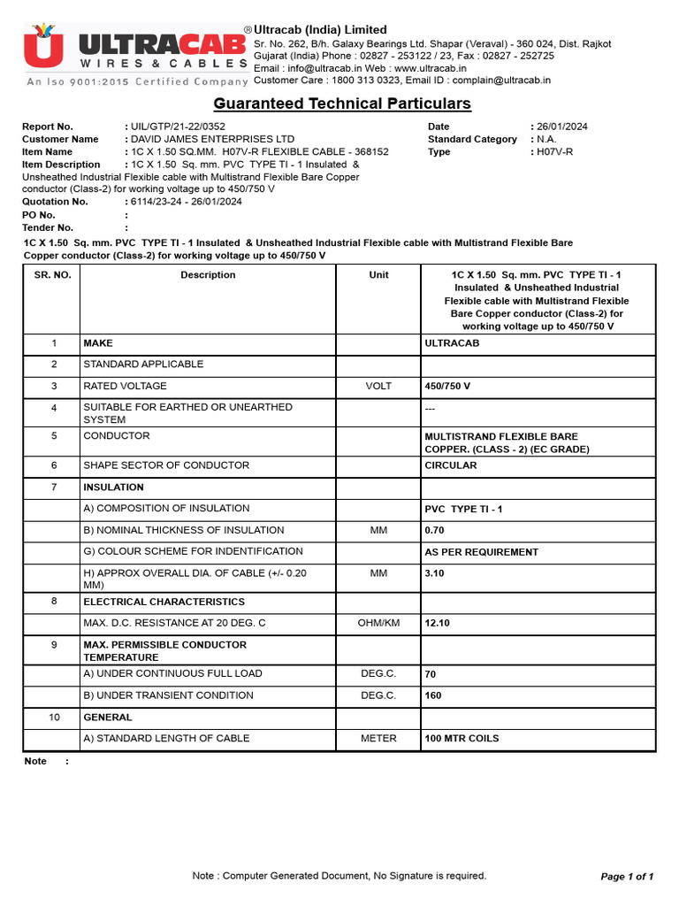 1C X 1.50 SQ - Mm. Special Cable Uil GTP 21-22 0352 | PDF | Insulator (Electricity) | Electrical ...