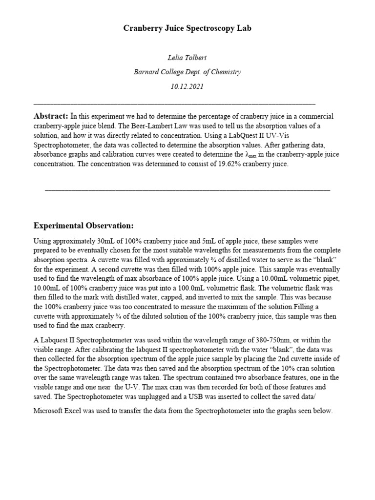 Cranberry Lab Report | PDF | Spectrophotometry | Color