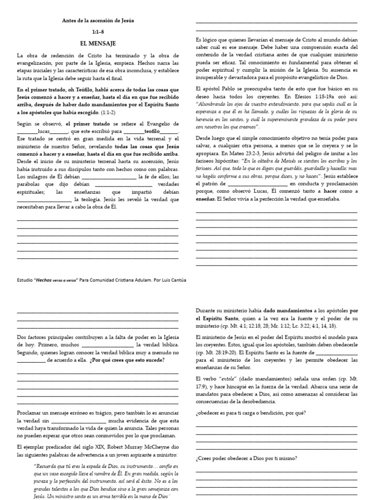 Estudio Del Libro de Los Hechos Lección 1 EL MENSAJE 1 - 1-2 Por Luis ...