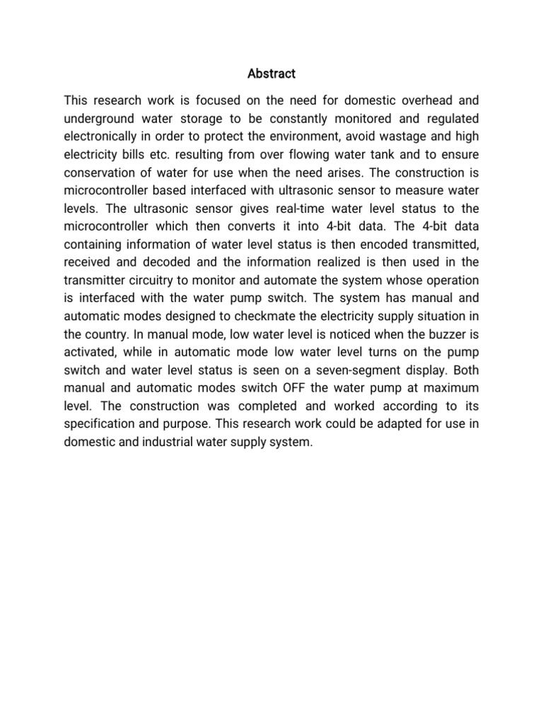 Automated Water Level Controller For Overhead Water Storage. | PDF ...