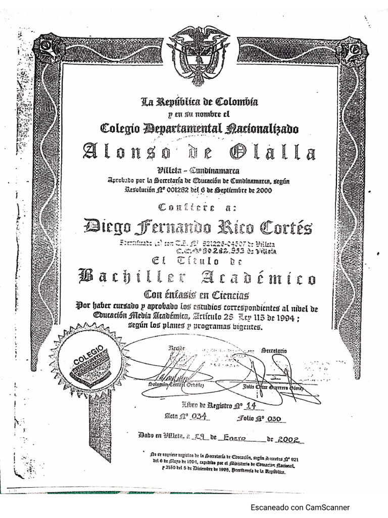 Diploma Bachiller Diego Rico | PDF