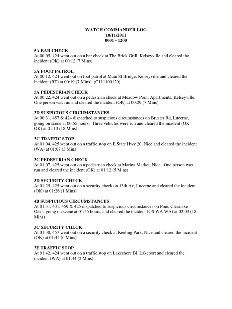 Kelseyville Watch Commander Log 10/11/11 | PDF | Traffic | Criminal Justice